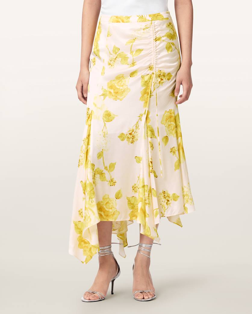 Kathy Satin Floral Midi Skirt FLEURZ YELLOW | ALLSAINTS US